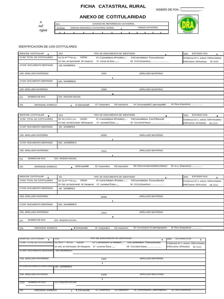 Ficha Catastral Rural - Anexo de Cotitularidad | PDF