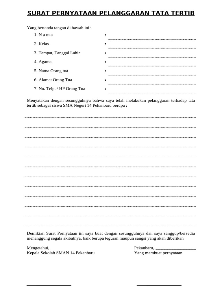 Surat Pernyataan Pelanggaran Tata Tertib | PDF