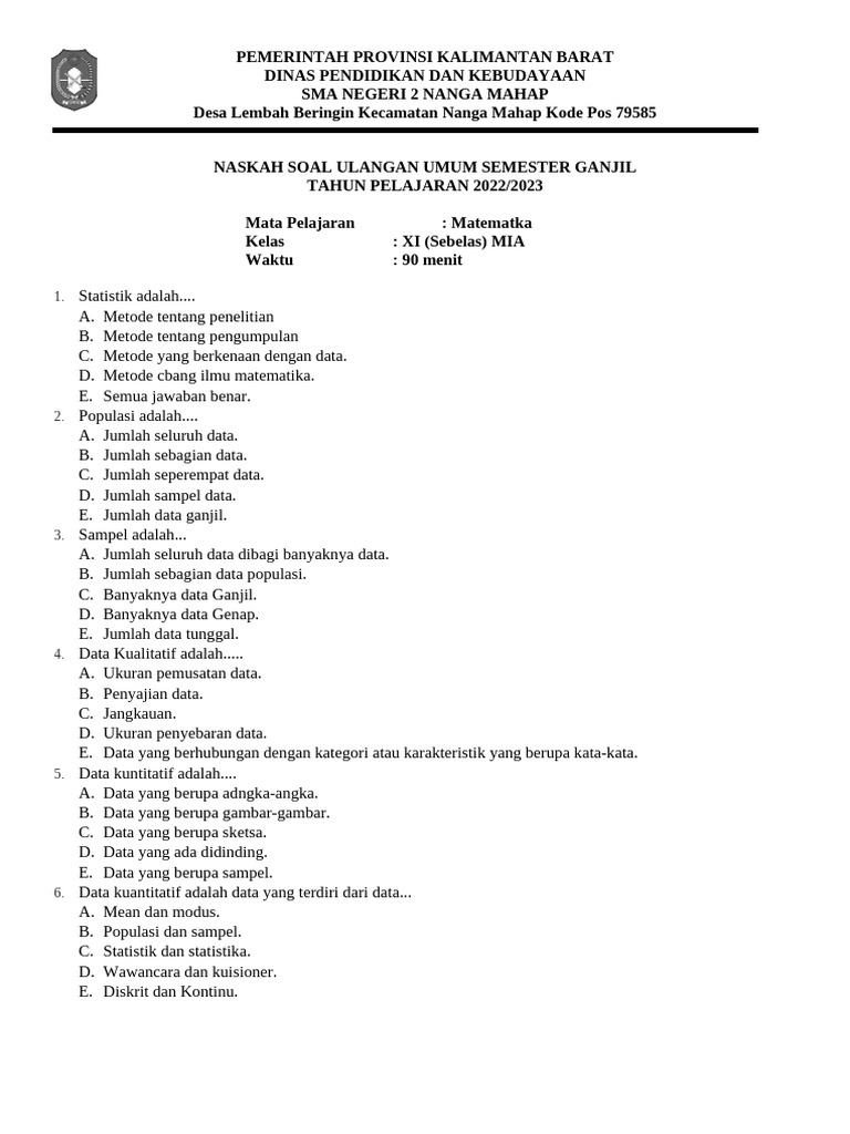 Soal MTK KLS Xi | PDF