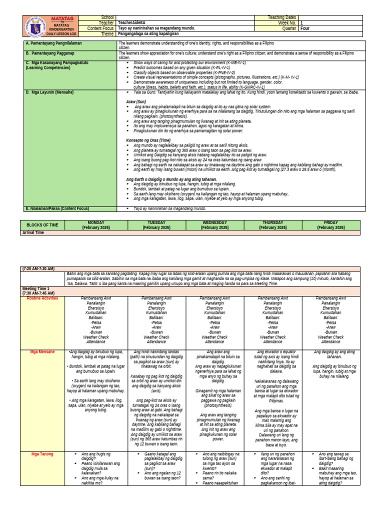Kinder DLL - Quarter 4. Week 1.matatag Curriculum | PDF