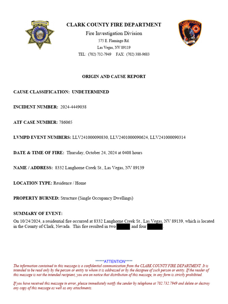 Redacted Clark County Fire Department’s Origin & Cause Report | PDF | Garage (Residential ...