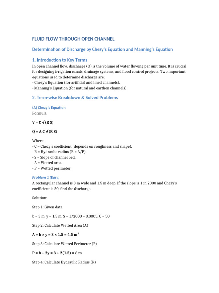 Fluid Flow Open Channel Solved Formatted | PDF