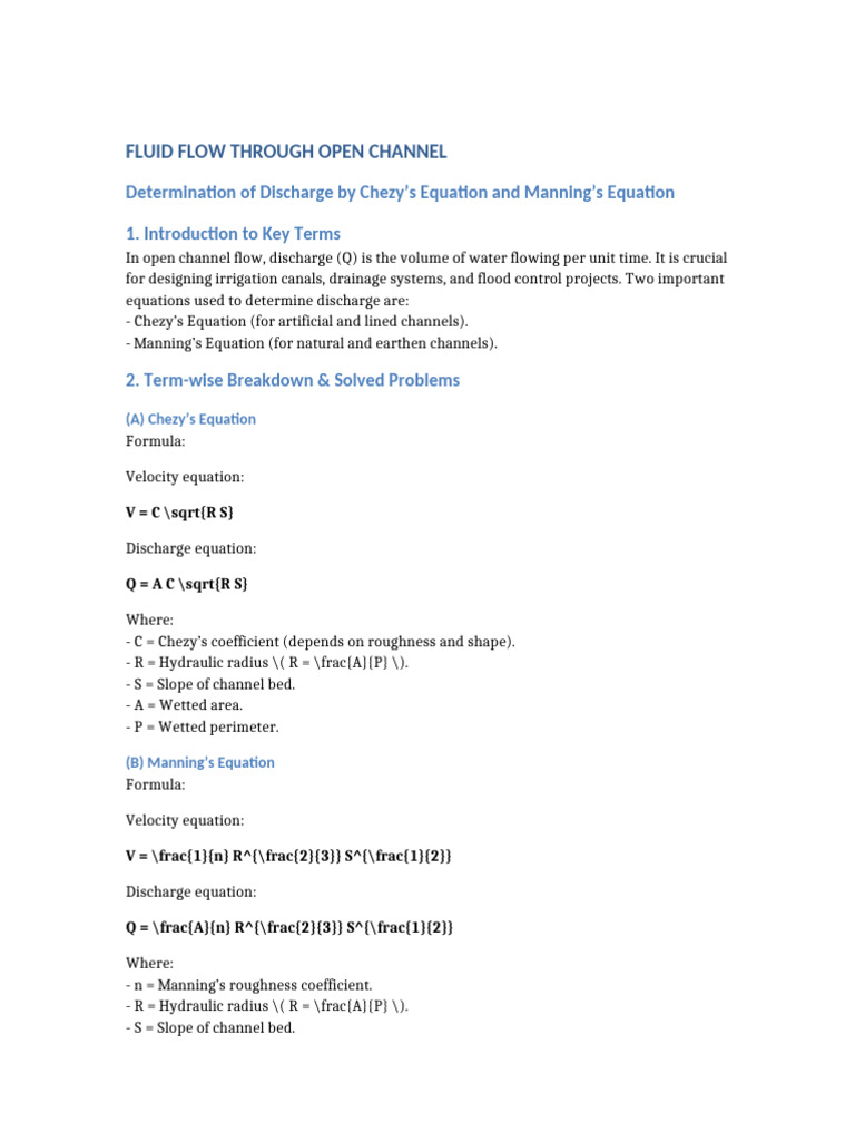 Fluid Flow Open Channel Formatted Equations | PDF