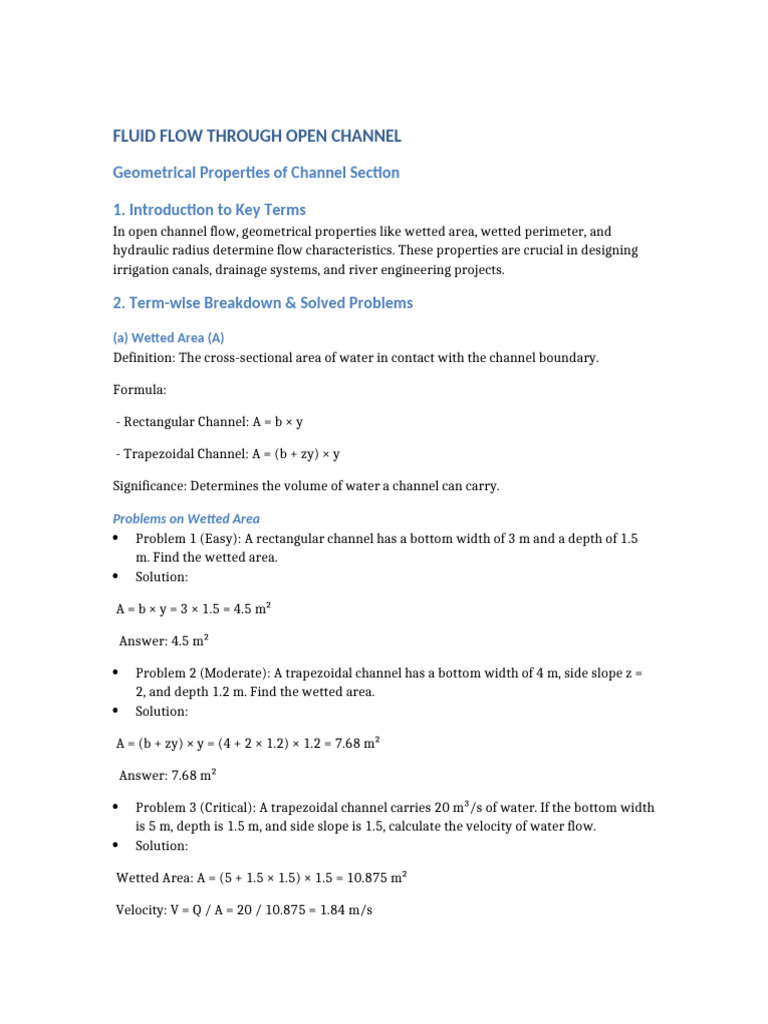 Wetted Perimeter in Open Channels | PDF | Area | Liquids