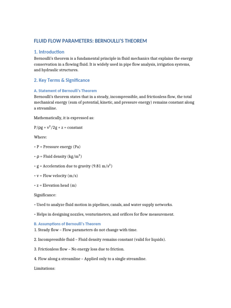 Bernoullis Theorem Study Note With Problems | PDF | Fluid Dynamics | Pressure