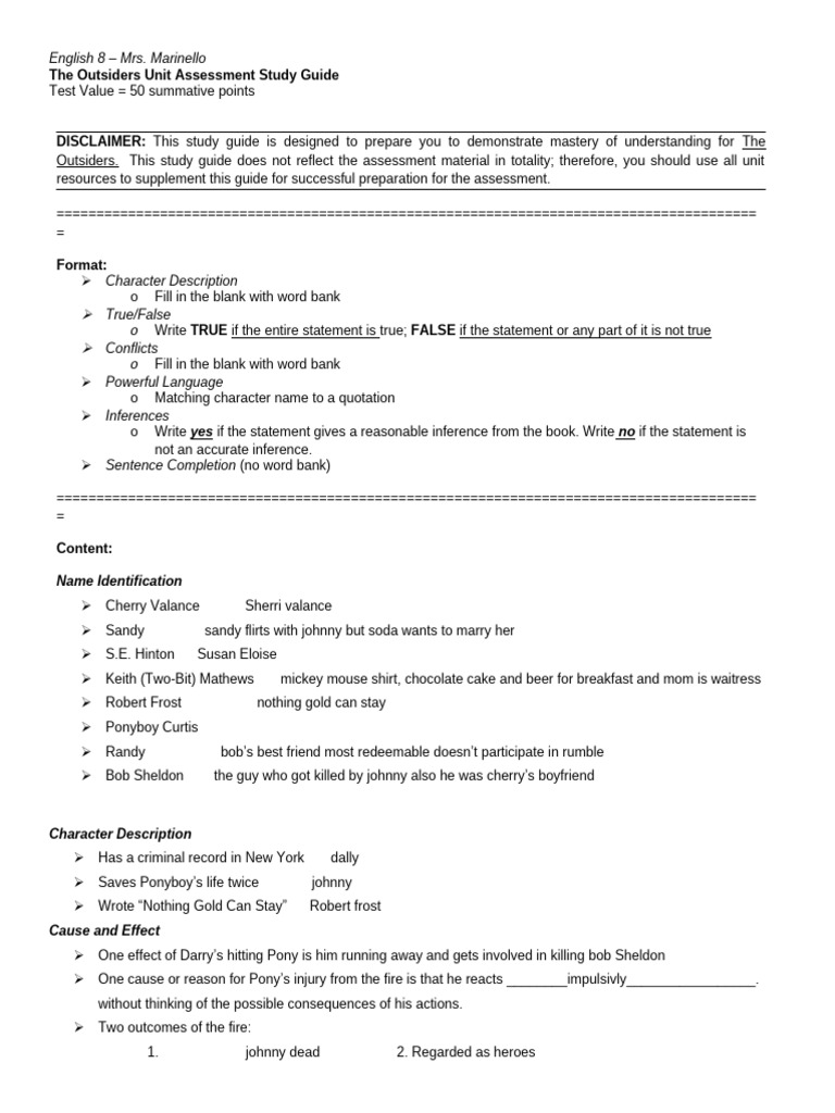 The Outsiders Unit Assessment Guide | PDF