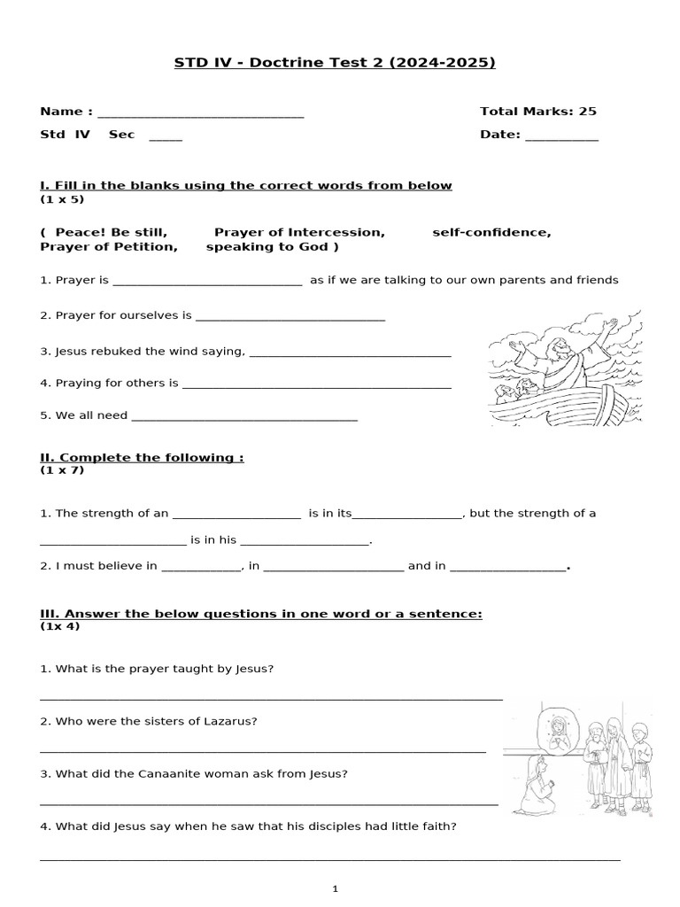 STD IV - Doctrine Test - 2 - 2024-2025 | PDF | Prayer | Jesus