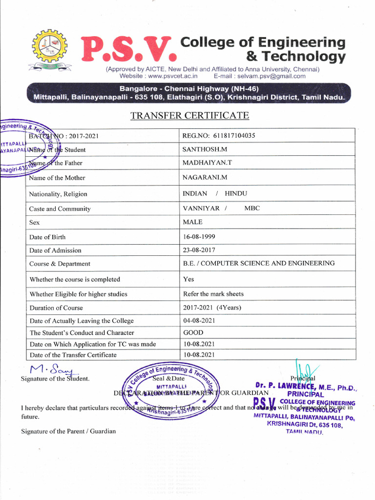 Transfer Certificate | PDF