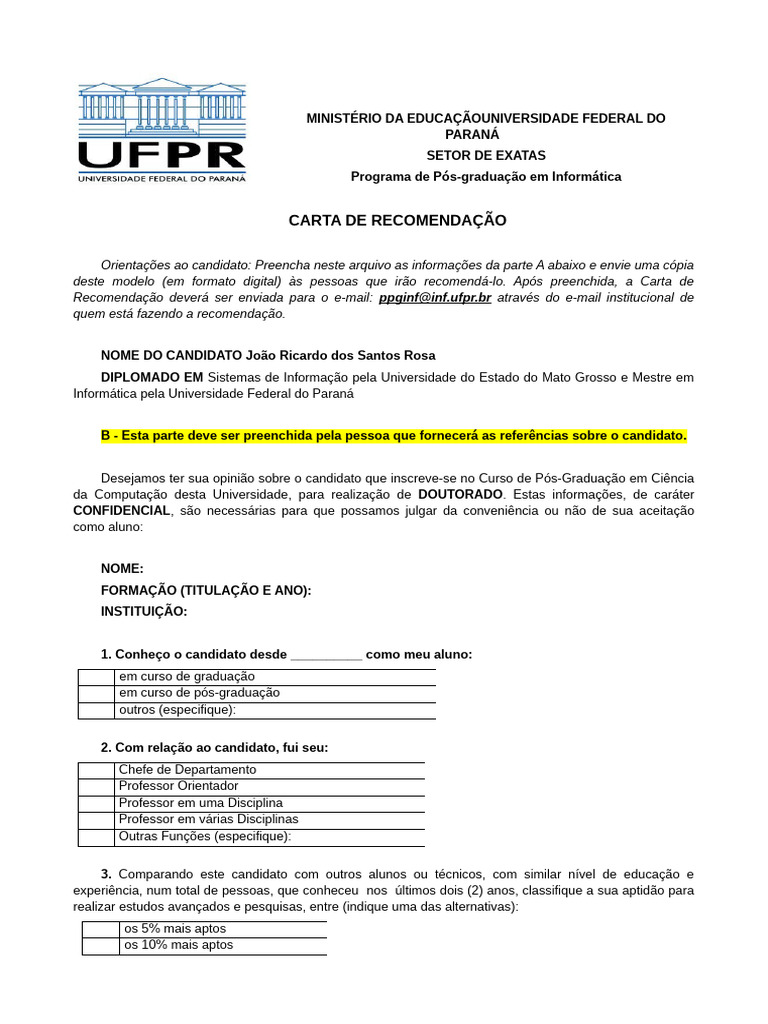 Carta de Recomendação para Doutorado | PDF | Pós-graduação
