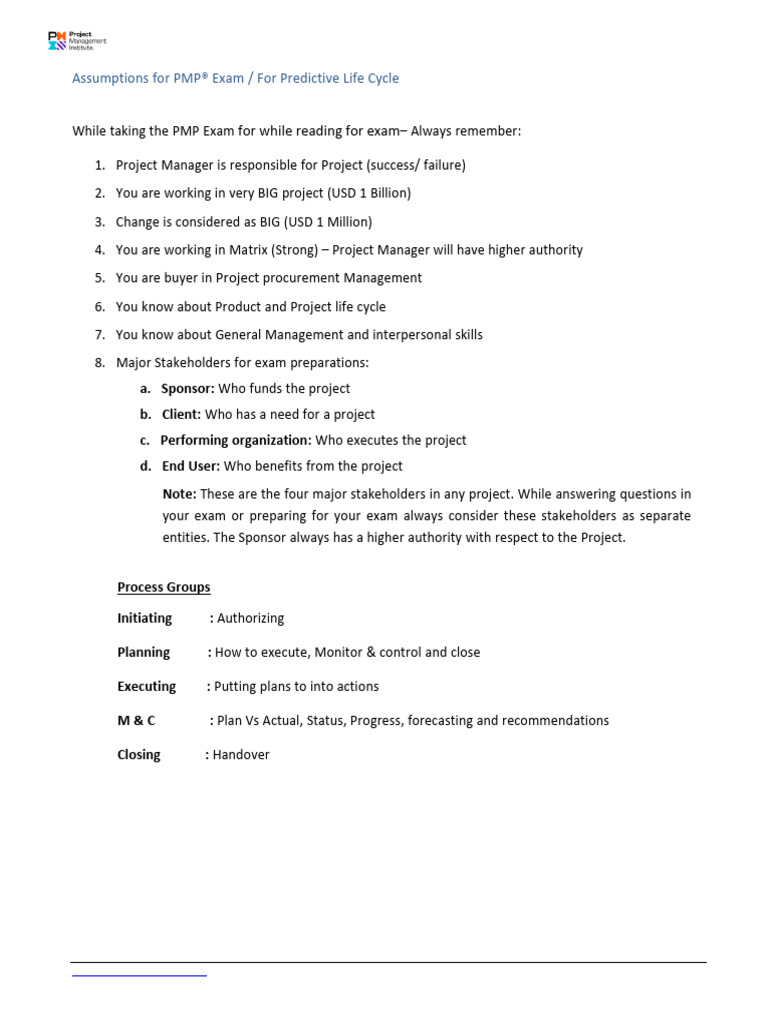 Assumptions for PMP®Exam (For Predictive Life Cycle) - Copy | PDF