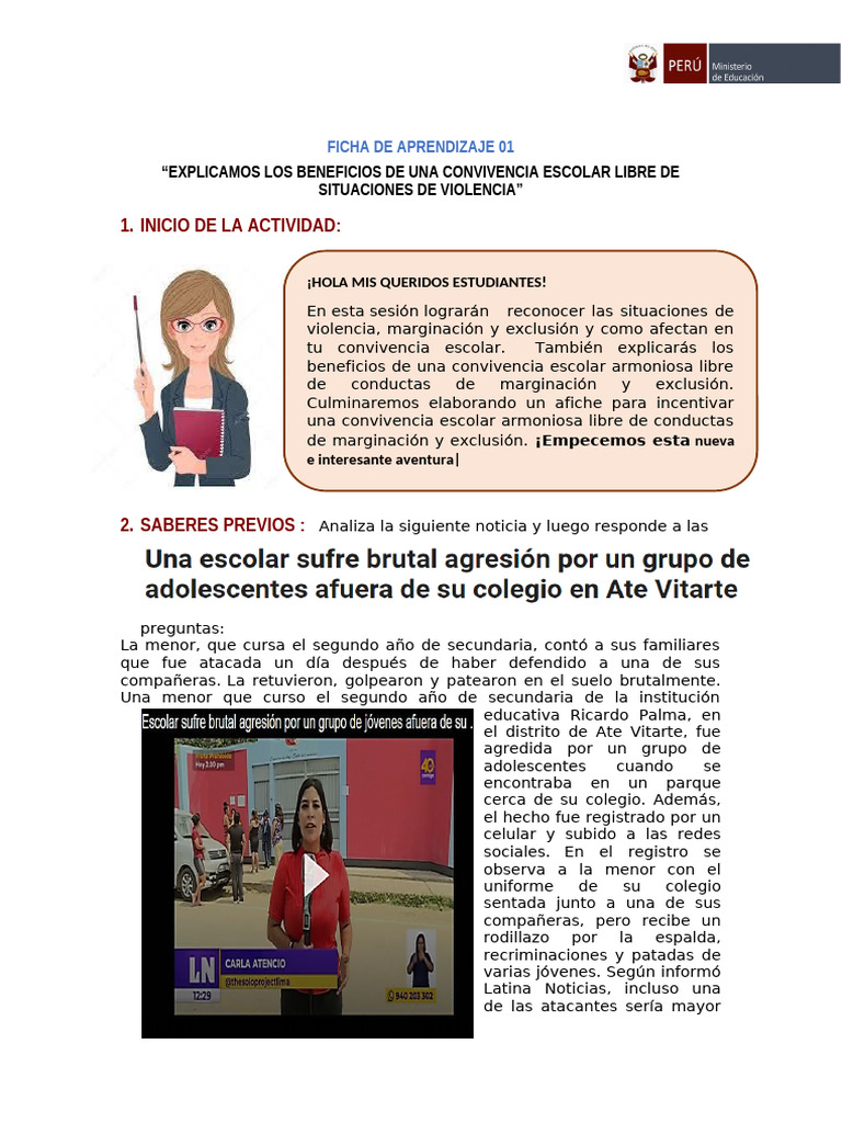 4° Grado Ficha de Aprendizaje #01 DPCC | PDF | Violencia | Exclusión social