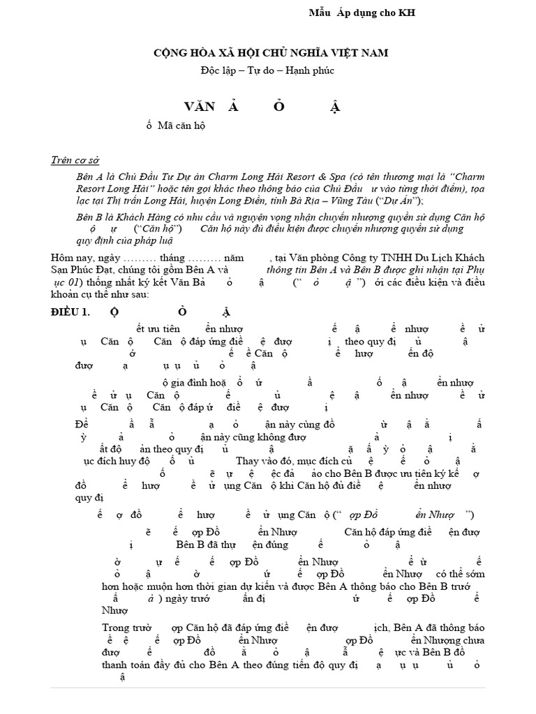 02A - Mau - VBTT - Can Ho - Dot 2 - KH KHONG VAY 190321 | PDF