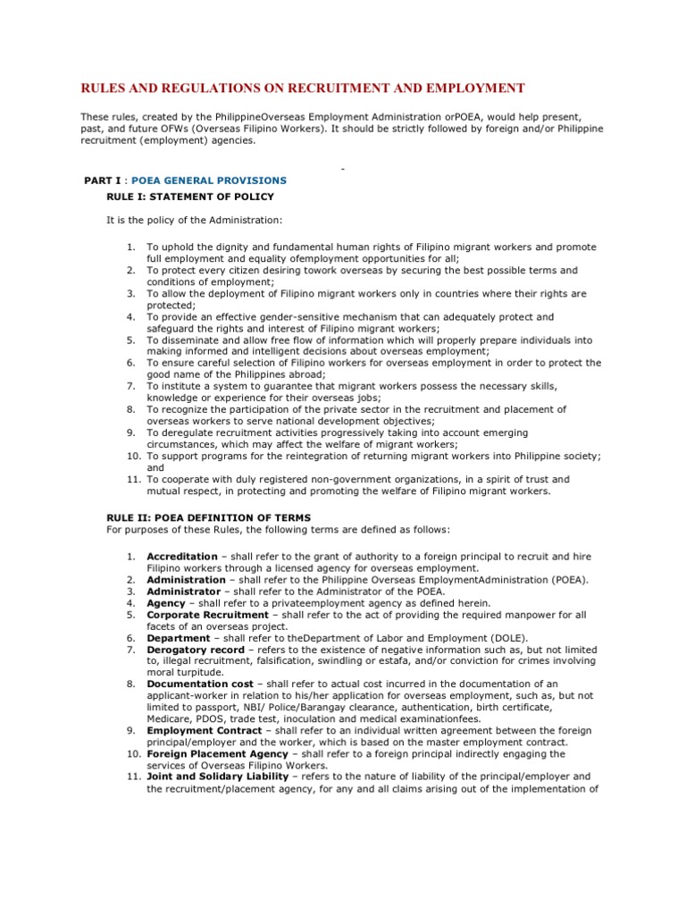Poea Rules and Regulations On Recruitment and Employment | PDF | Migrant Worker | Employment