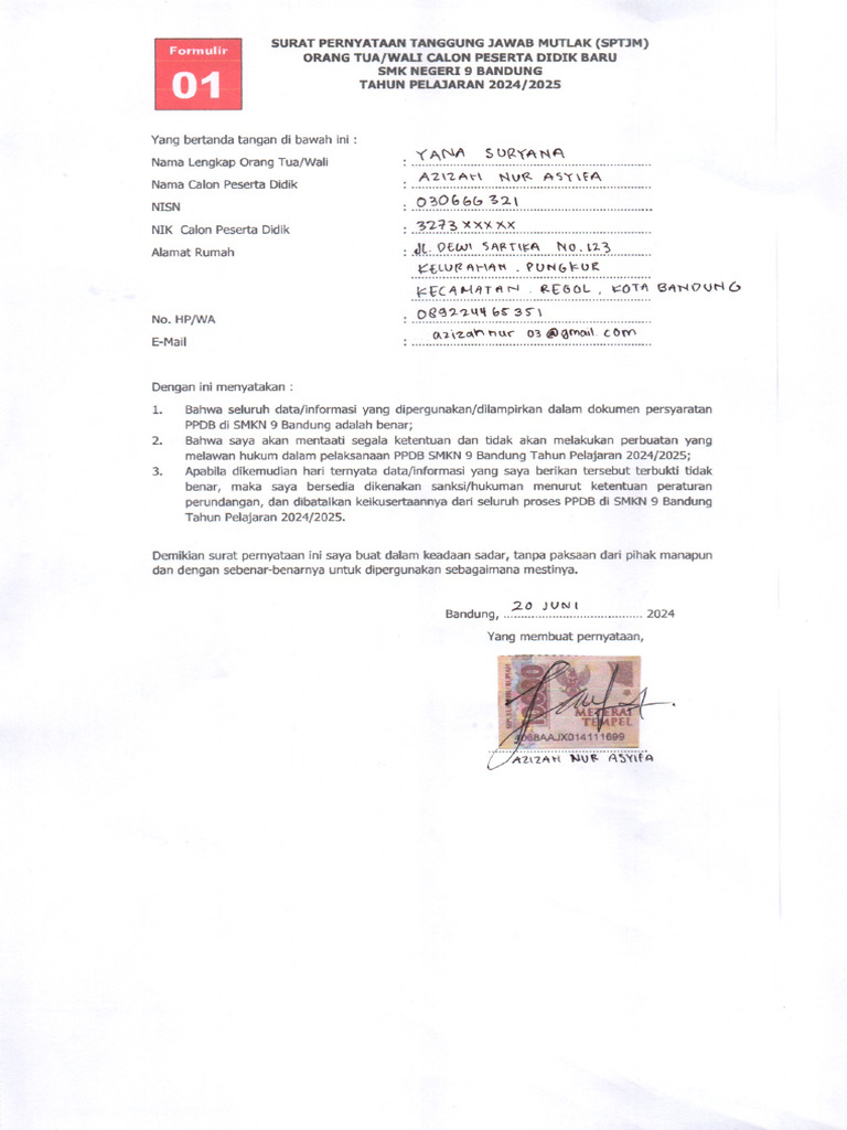 Contoh Form SPTJM Ortu | PDF