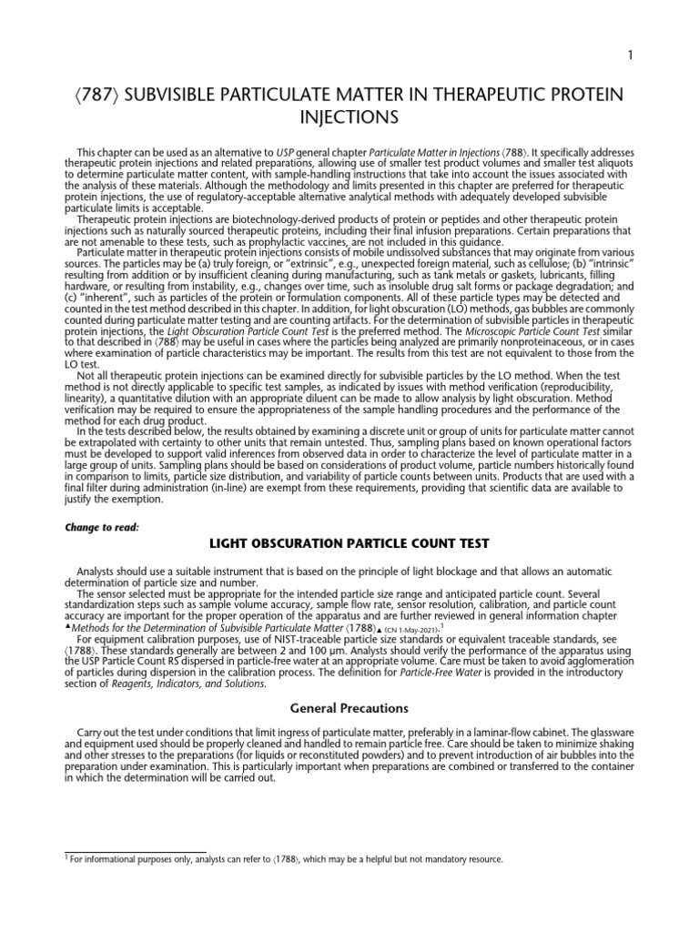 787 Subvisible Particulate Matter in Therapeutic Protein Injections | PDF | Verification And ...