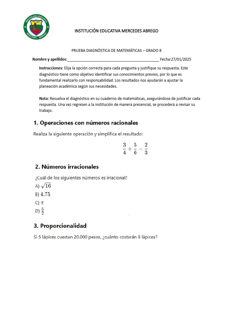 Prueba Diagnostica de Matemáticas Grado Octavo | PDF