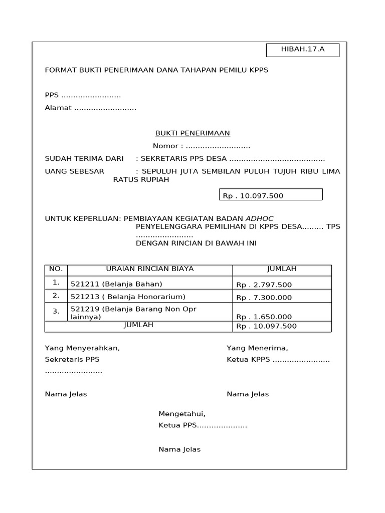 FORMAT BUKTI PENERIMAAN DANA TAHAPAN PEMILIHAN KPPS | PDF