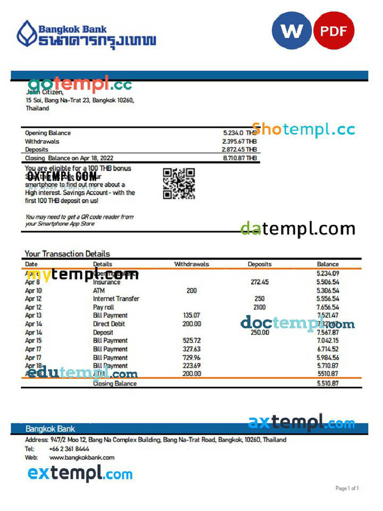 Doctempl - Thailand Bangkok Bank Statement Template in Word and PDF Format, Version 2 | PDF