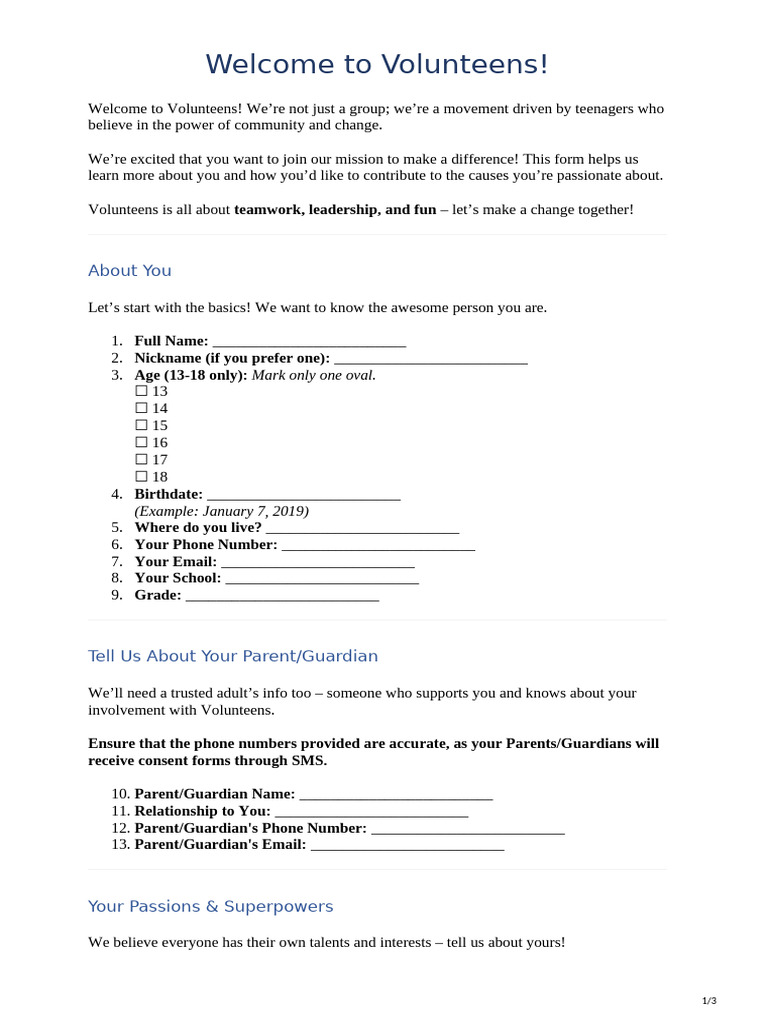 Welcome to Volunteens! - Google Forms | PDF | Volunteering