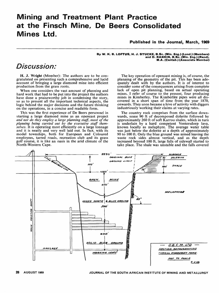 Mining and Treatment Plant Practice at the Finsch Mine, De Beers Consolidated Mines Ltd. | PDF ...