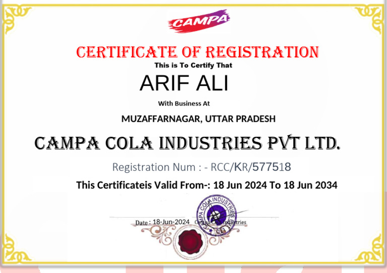 Campa Cola Certificate-ARIF ALI | PDF