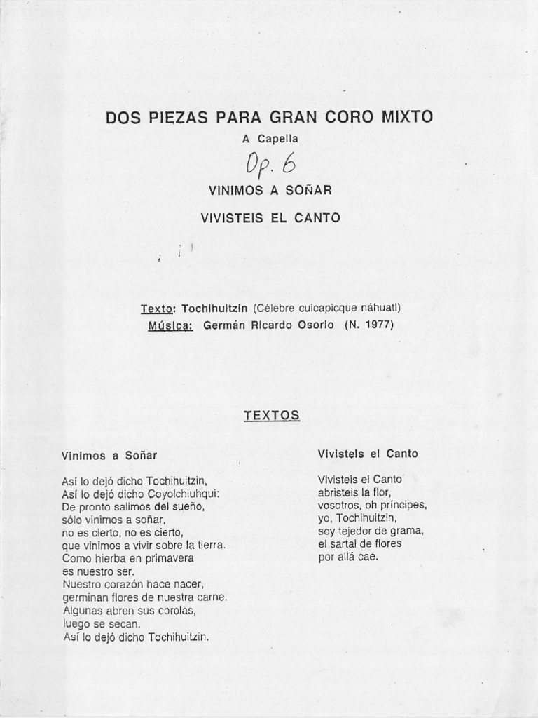 Partitura German Ricardo Osorio - Vinimos A Soñar, Vivisteis El Canto ...