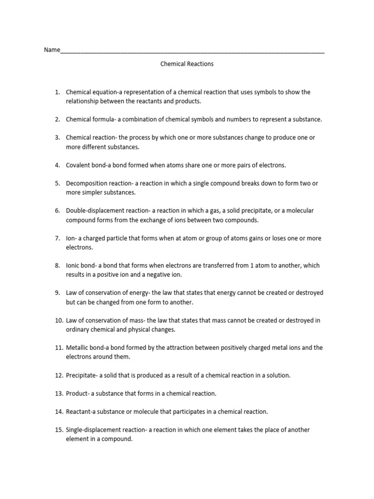 Chemical Reactions Vocab | PDF