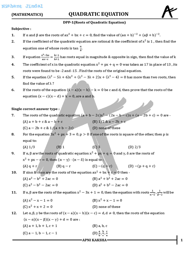 Quadratic Equation Problem Set | PDF | Equations | Quadratic Equation