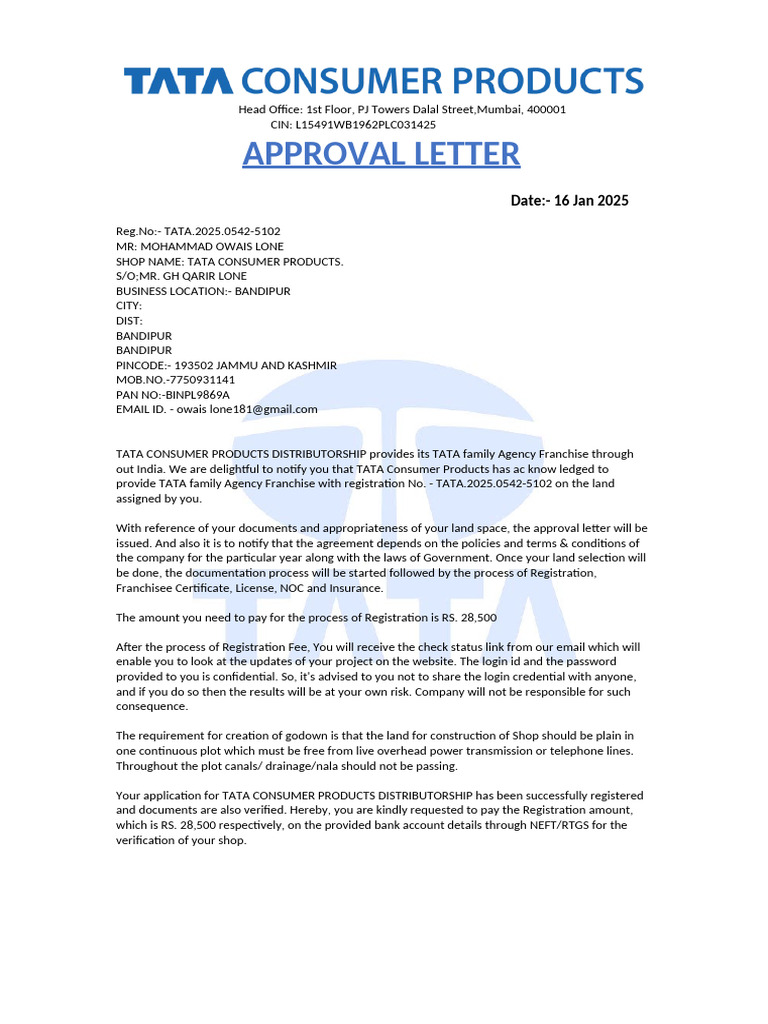 Tata Consumer Approval Letter-2025 | PDF | Service Industries
