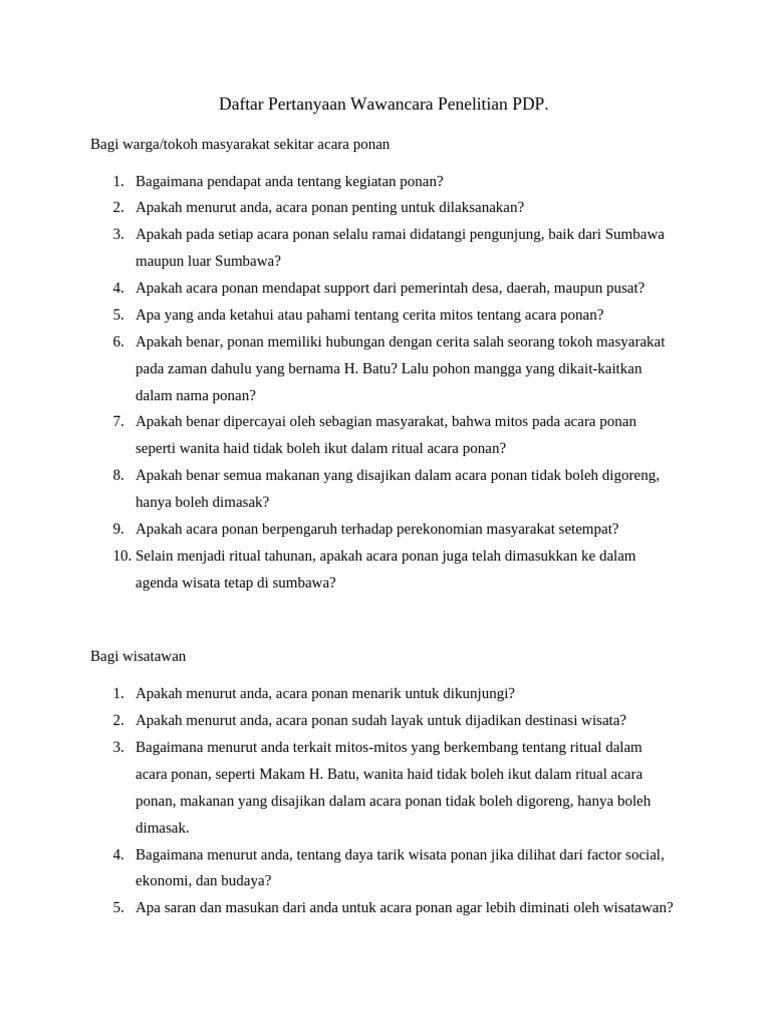 Daftar Pertanyaan Wawancara Penelitian PDP | PDF