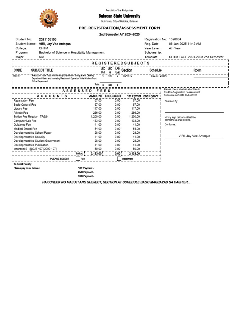 Bulacan State University Pre-Registration Form | PDF | Fee ...