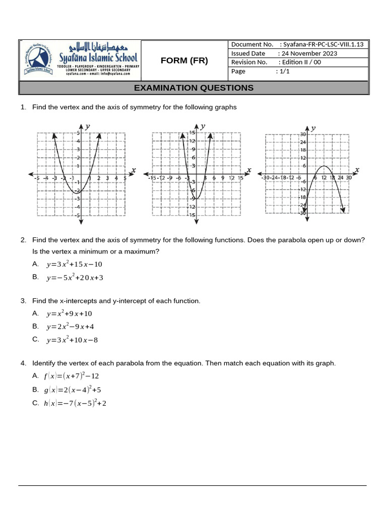 Parabola Vertex & Intercepts Quiz | PDF