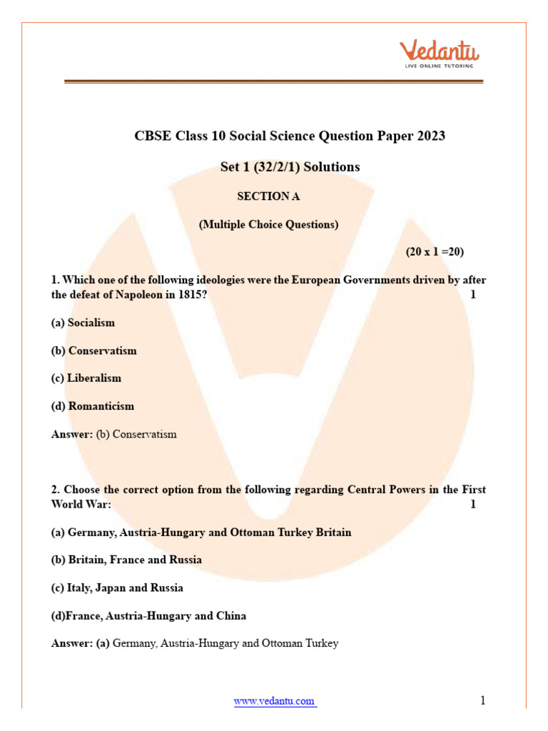 Class 10 Social Science Set 1 (32 - 2 - 1) 2023 Question Paper With ...