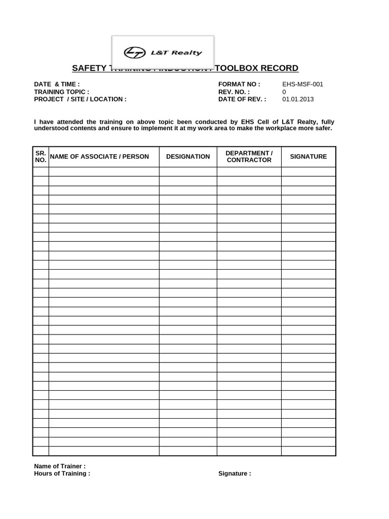 EHS Safety Training and Checklist Record | PDF