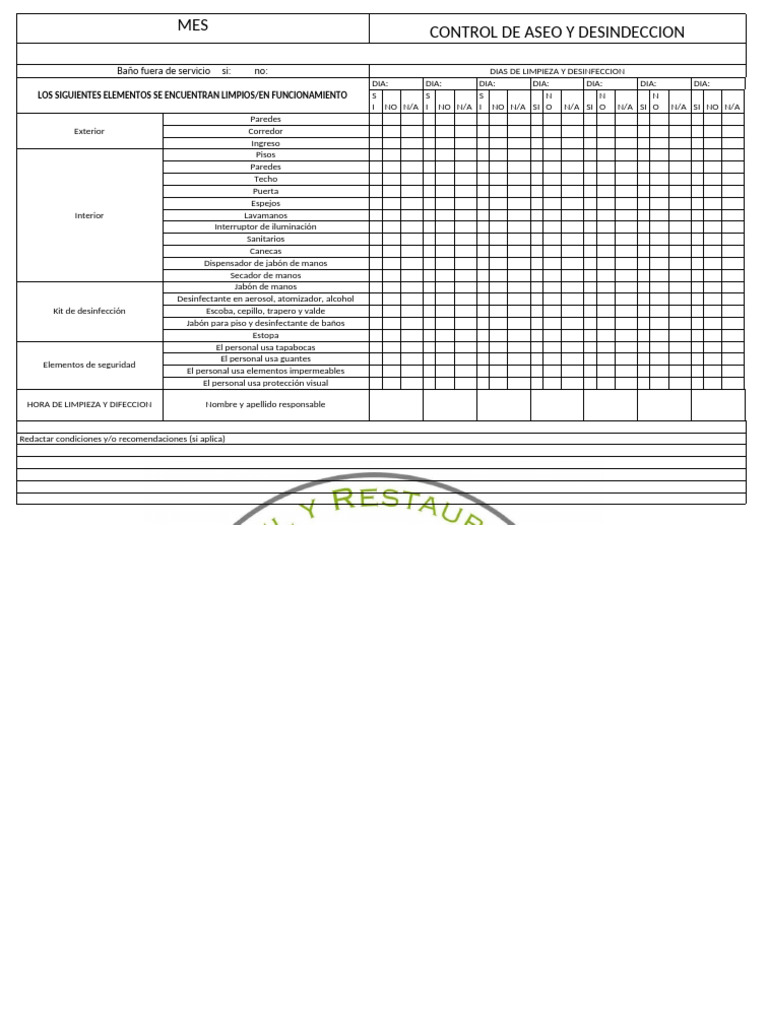 Control de Aseo y Desinfección | PDF | Higiene | Baño