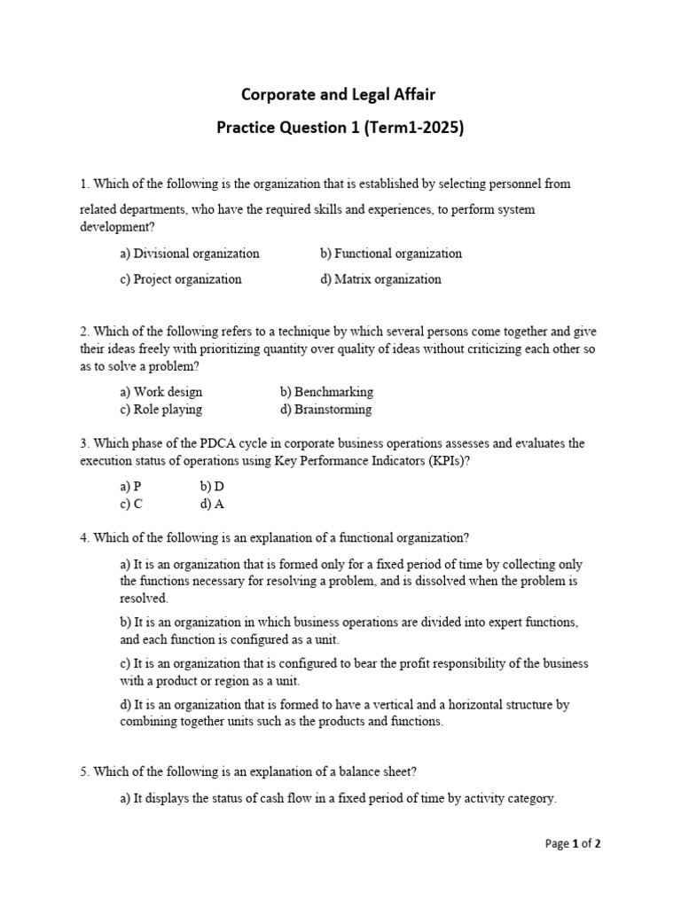 Corporate Legal Affairs Practice Questions | PDF | Brainstorming ...