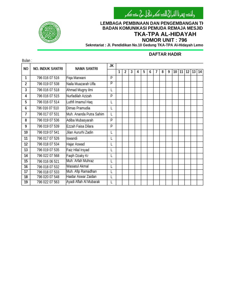 Daftar Hadir TPA 2023 | PDF