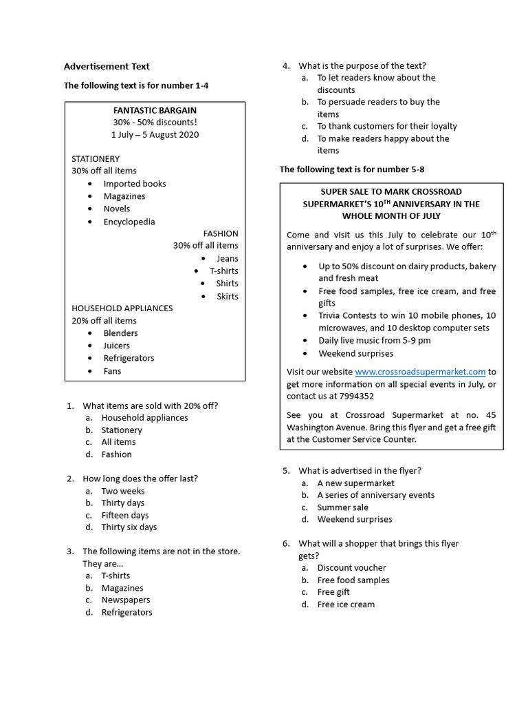 Latian Soal Advertisement Multiple Choice | PDF | Supermarket