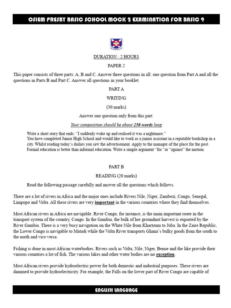 OSIEM PRESBY BASIC SCHOOL MOCK EXAM 9 | PDF | River | Africa