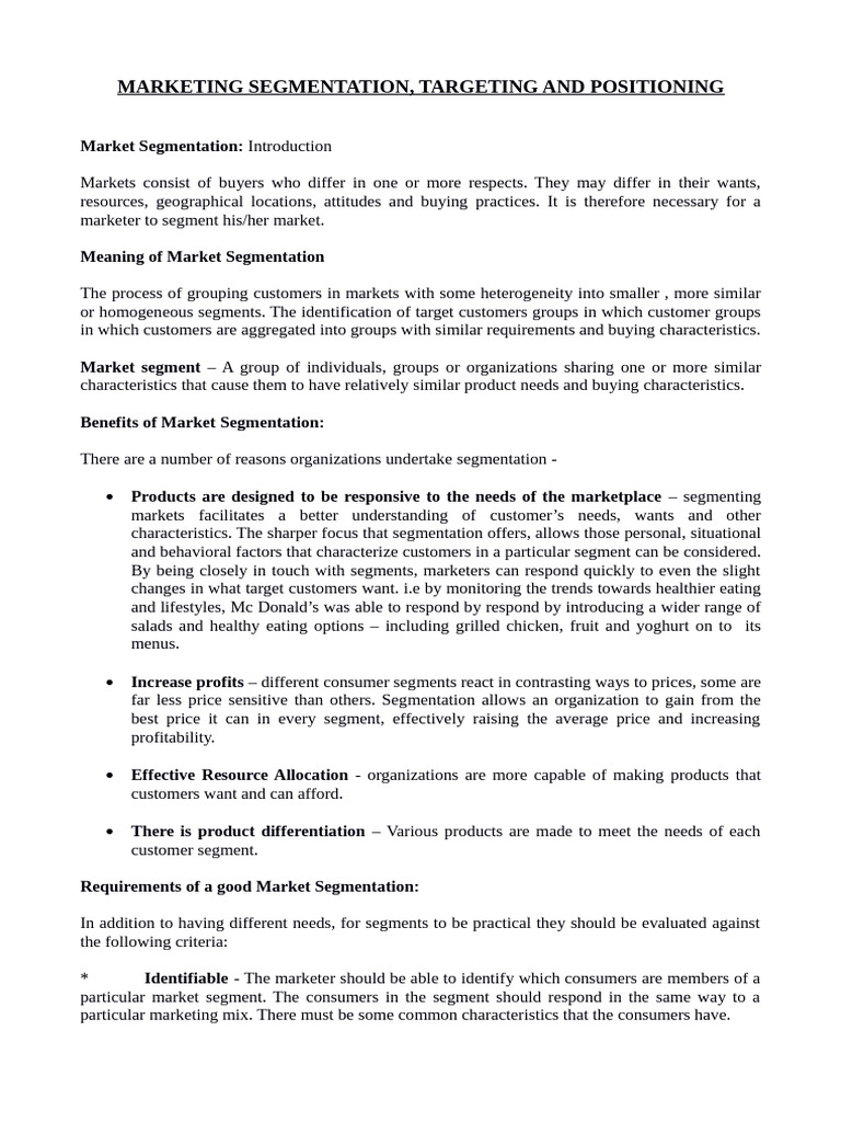 MARKETING SEGMENTATION, TARGETING AND POSITIONING | PDF | Marketing ...