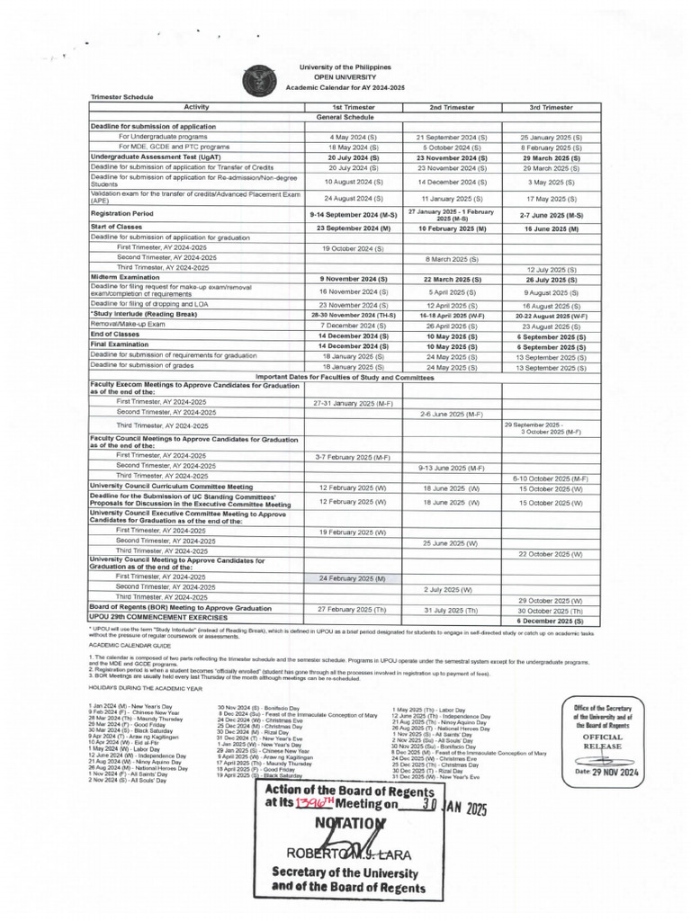 UPOU - INFO - MODIFIED ACAD CALENDAR AY 2024 2025 - 1396 Trimestral ...