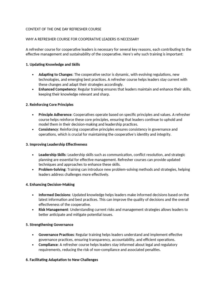 CONTEXT OF THE ONE DAY REFRESHER COURSE | PDF | Governance | Leadership