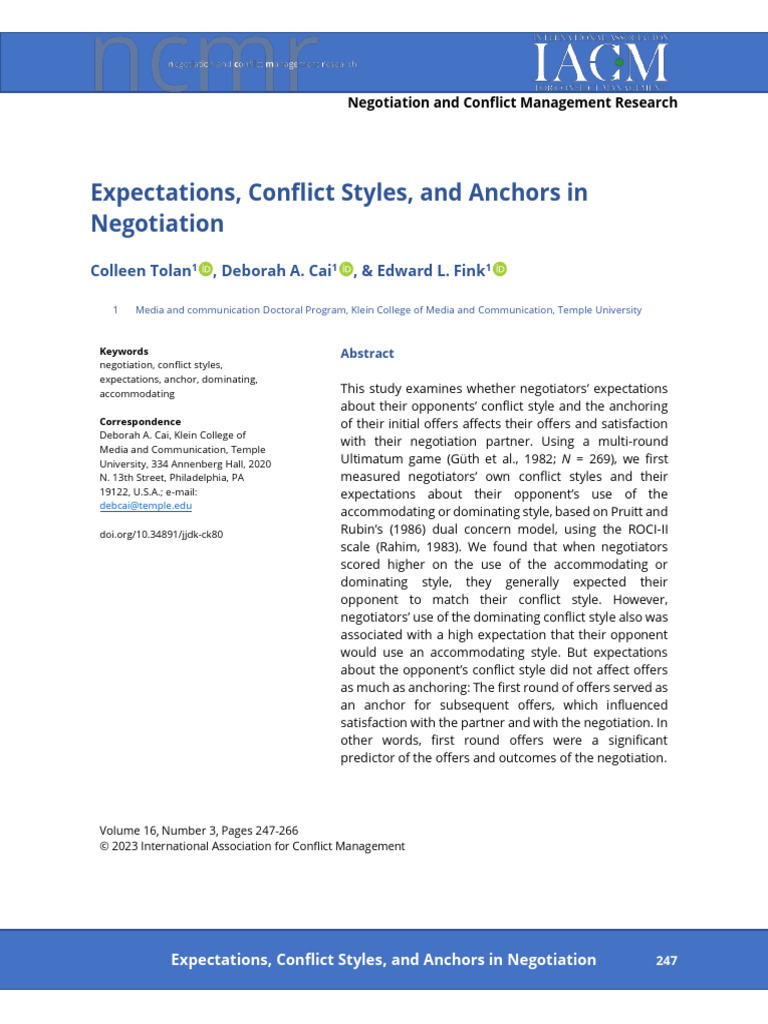 Expectations, Conflict Styles, and Anchors in Negotiation | PDF ...