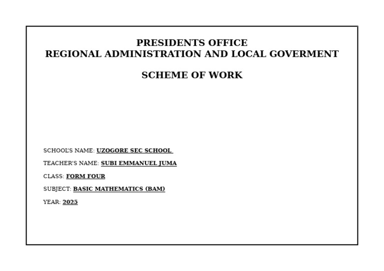 Form 4 Basic Mathematics (Bam), Scheme - Cover - Page | PDF