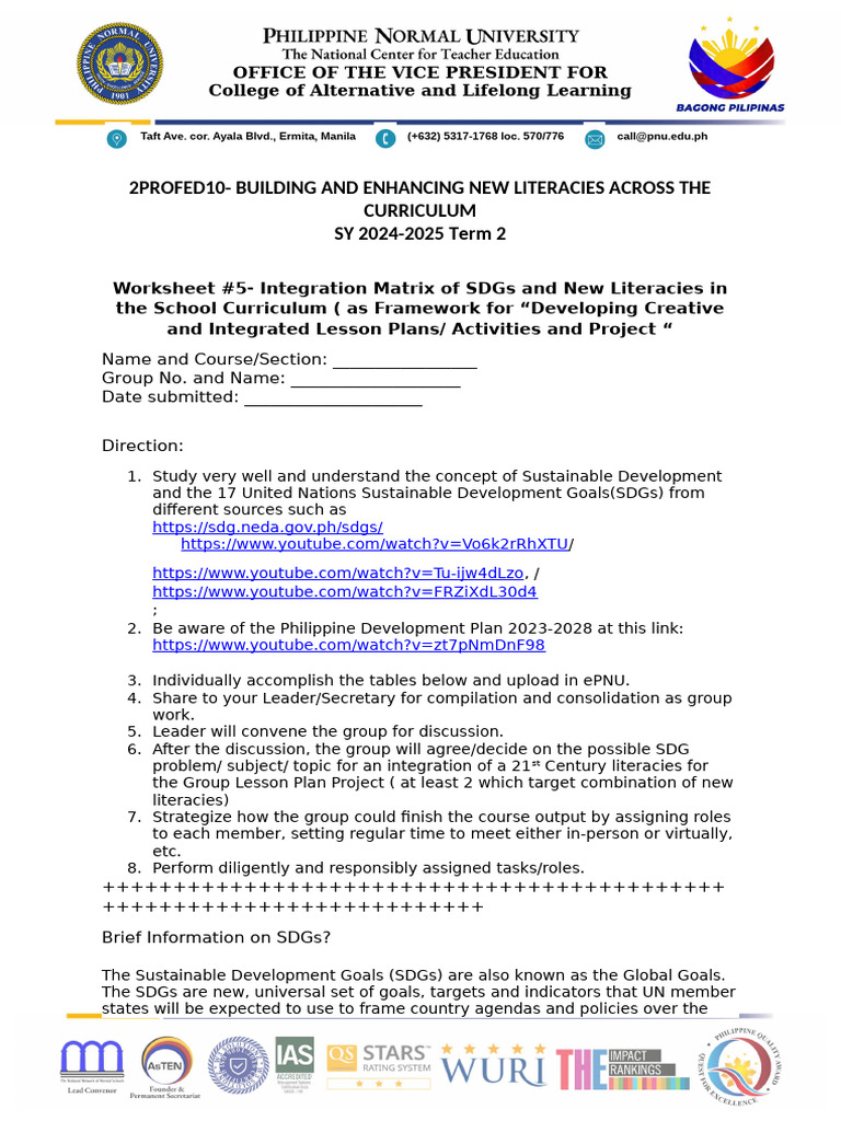 Worksheet #5 - SDGs and The 21st Century Literacies | PDF | Sustainable ...