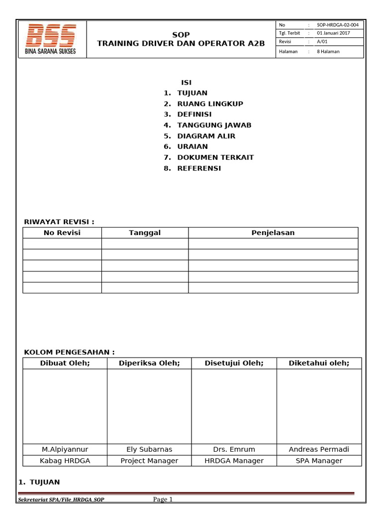 SOP-HRDGA-02-004 Training Driver Dan Operator A2B | PDF