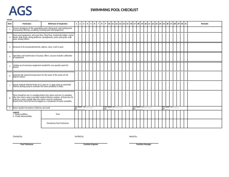 AGS Pool Maintenance Checklist | PDF | Swimming Pool | Water