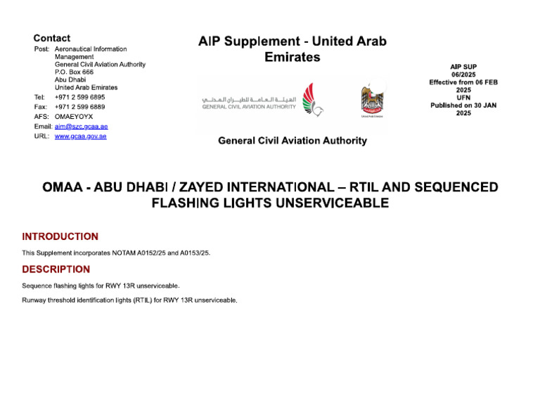 AIP SUP 06-2025 effective from 06 feb 2025 OMAA RTIL and sequenced flashing lights unserviseable ...