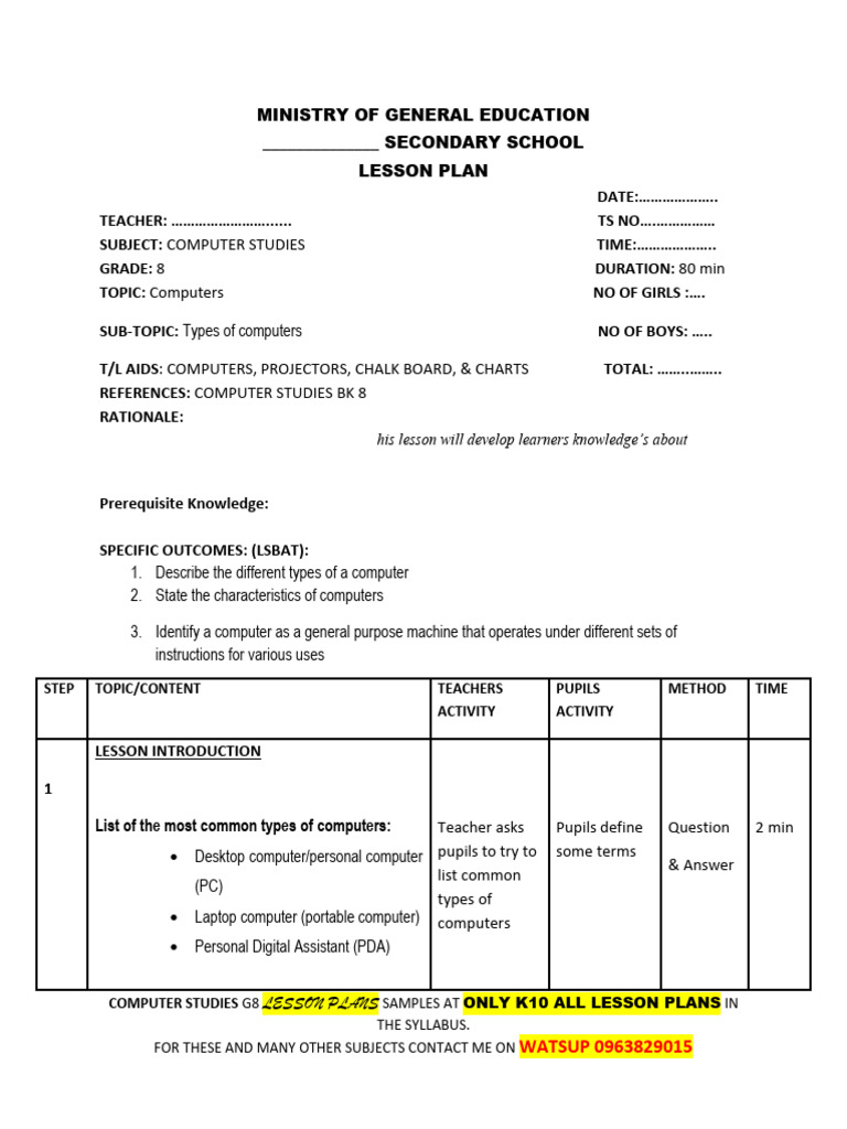 Lesson Plans Computer Studies G8 Samples | PDF | Input/Output ...
