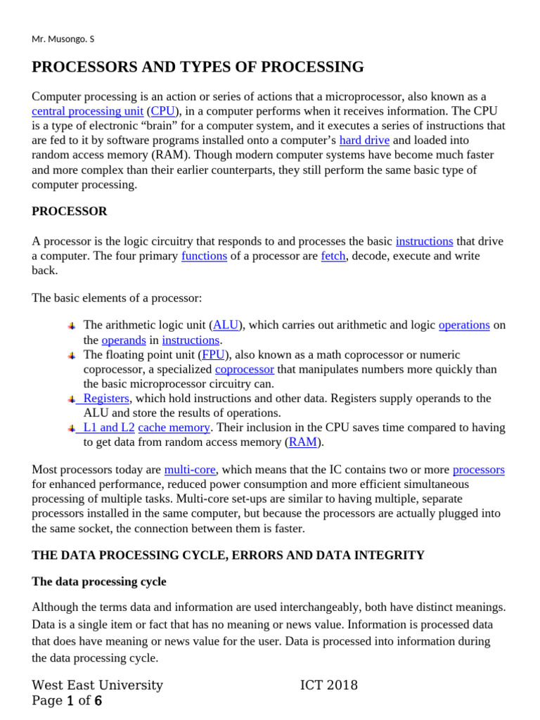 PROCESSORS AND TYPES OF PROCESSING (09) | PDF | Central Processing Unit ...